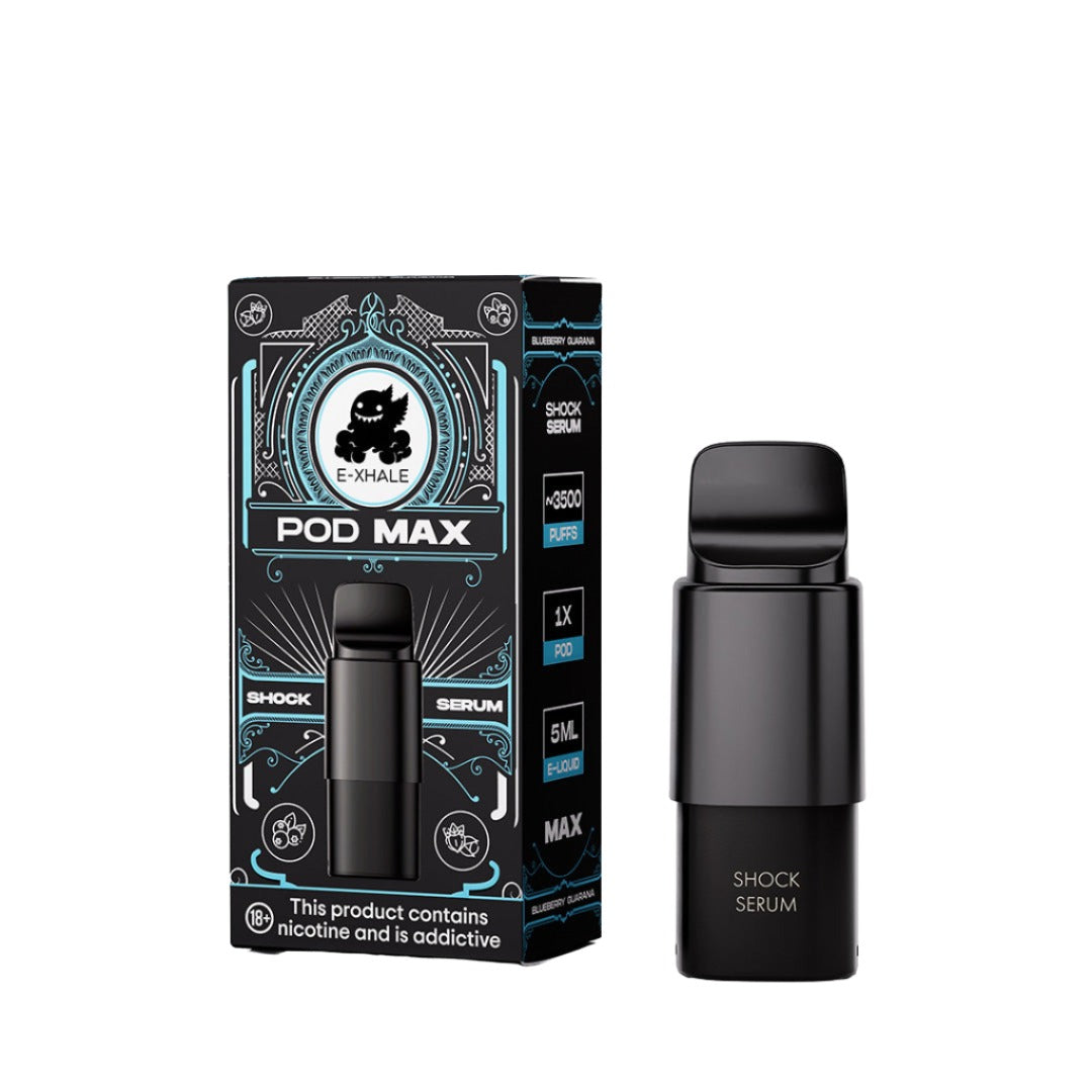 SHOCK SERUM: POD MAX BY E-XHALE. BLUEBERRY GUARANA. 3500 PUFF POD.